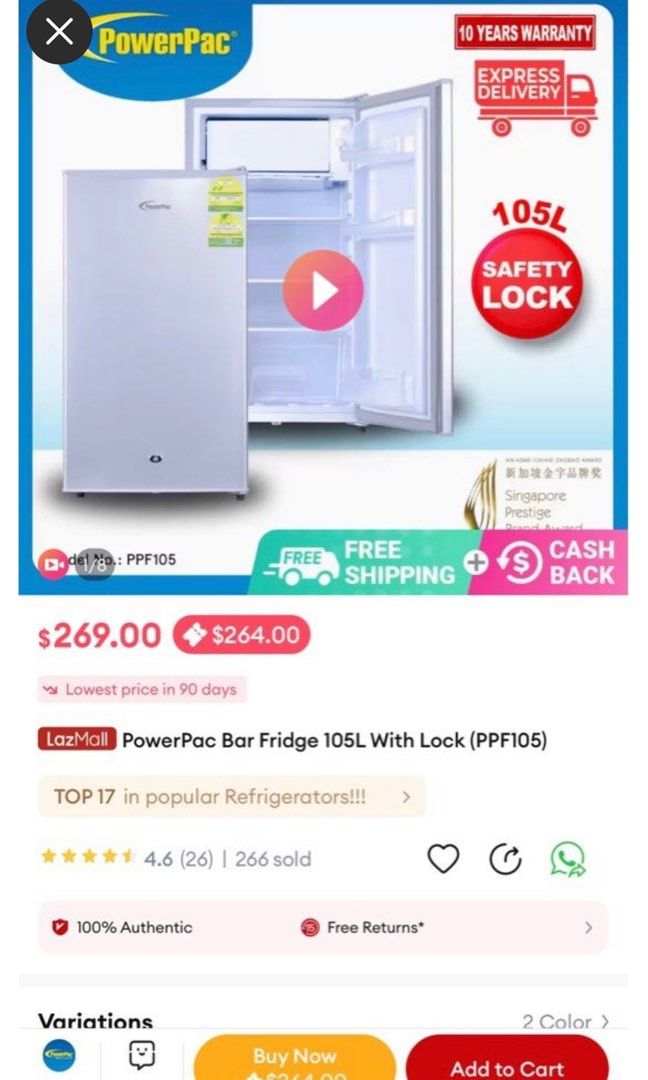 Fridge Power Pac PPF 105 92L, TV & Home Appliances, Kitchen Appliances ...