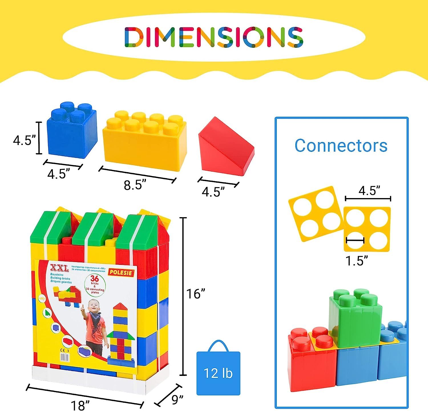 Jumbo Blocks for Toddlers Set of 36 Plastic Large Building Blocks for Kids Ages 4-8 with 30 ...