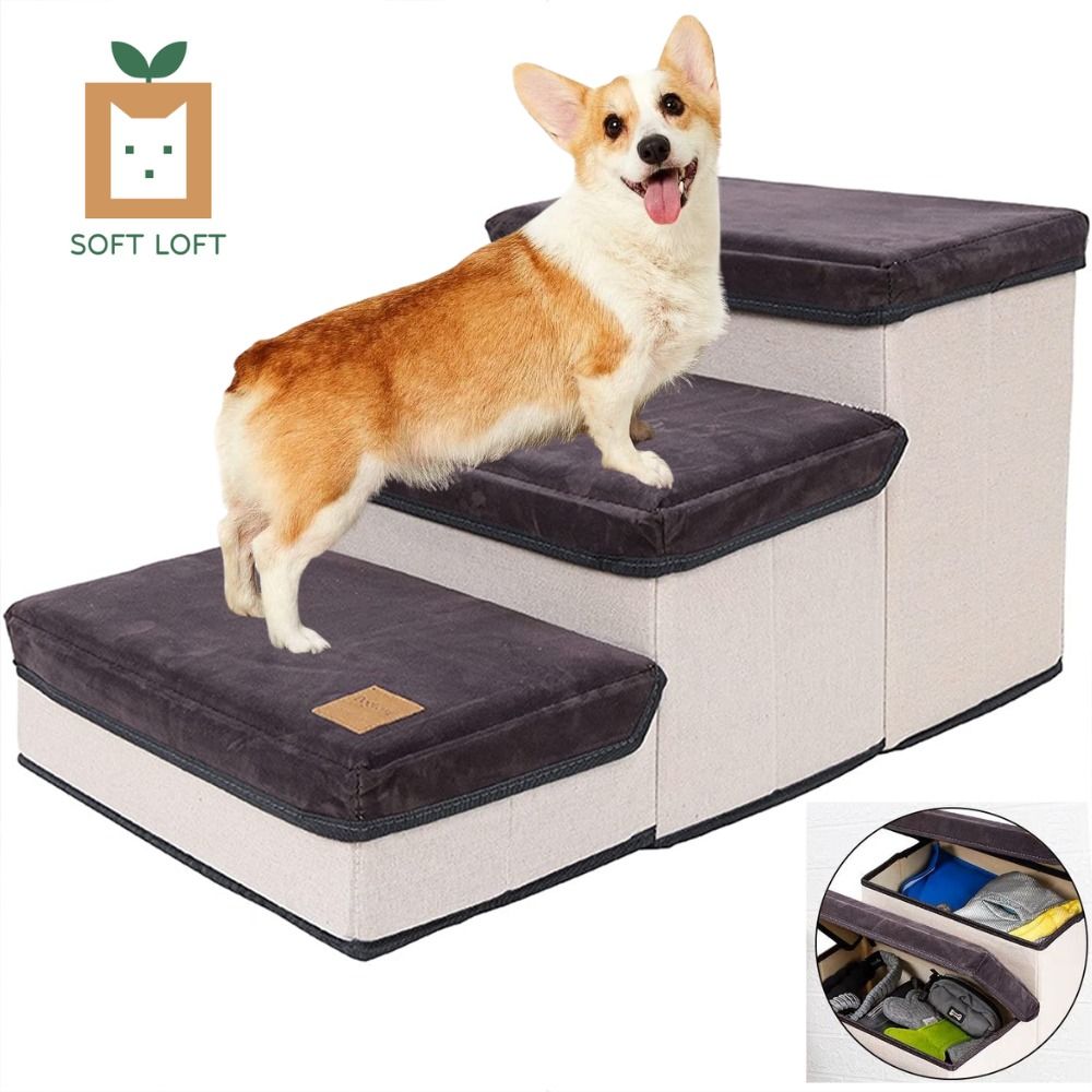Pet Dog Stairs With Storage Foldable Dog Stairs 3 Tiers Pet Steps Dog ...