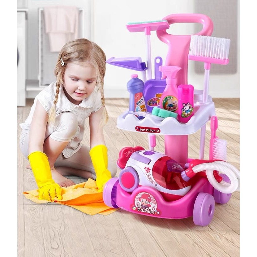 Pretend Play Cleaning Trolley Set with Broom Mop Duster Vacuum Cleaner ...