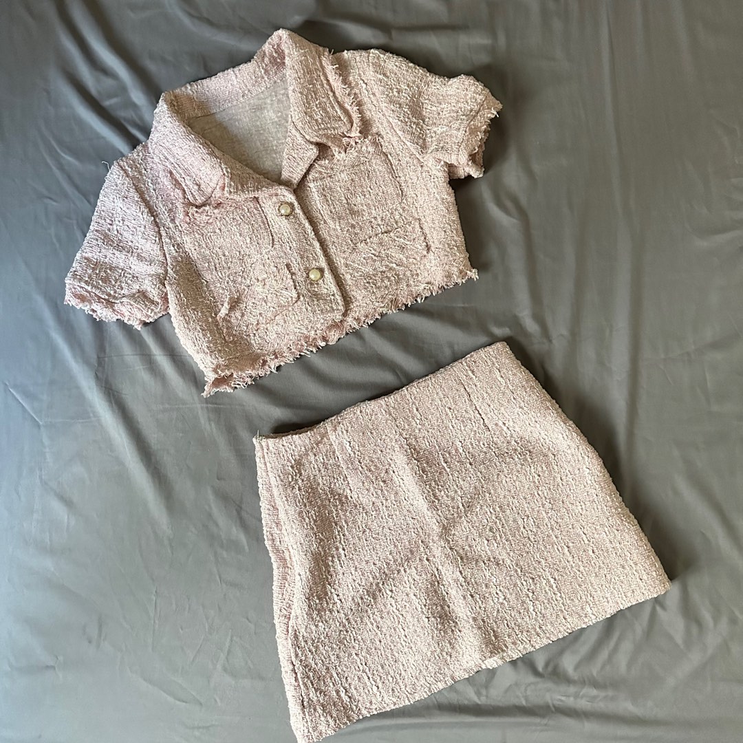 Tweed Pastel Pink Coordinates (XS), Women's Fashion, Dresses & Sets ...