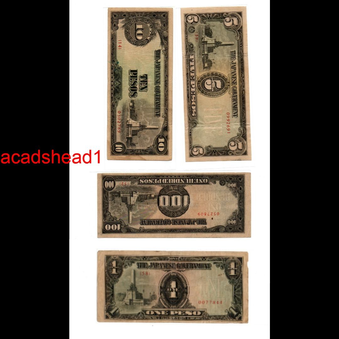 1943-1945 Japanese Invasion Money JIM Set 1p 5p 10p 100p (Rizal ...