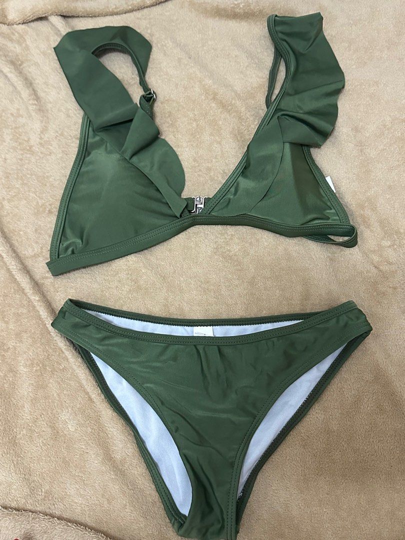 2pc swimsuit sage green with ruffle, Women's Fashion, Swimwear, Bikinis ...