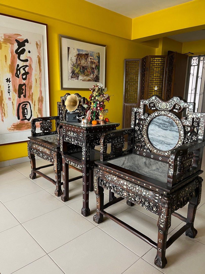 Blackwood Mother of Pearl Peranakan Arm chairs and Side table set ...