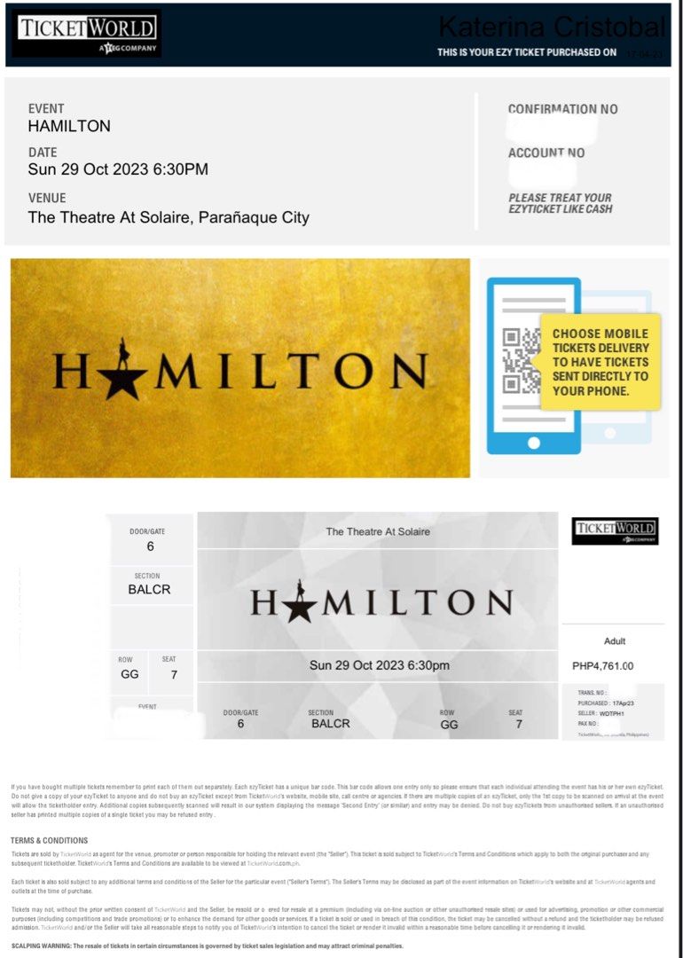 Hamilton in Manila - Balcony Right, Tickets & Vouchers, Event Tickets ...