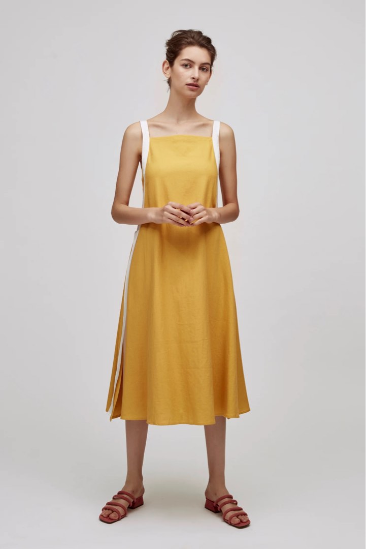 Our Second Nature OSN Ribbon Linen Dress in Yellow XS, Women's Fashion ...