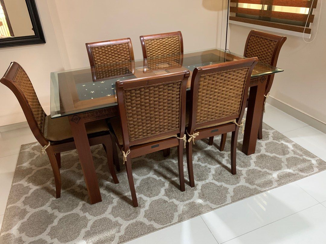 Solid Mahogany Dining Table with Glasstop + 6 Chairs, Furniture & Home ...