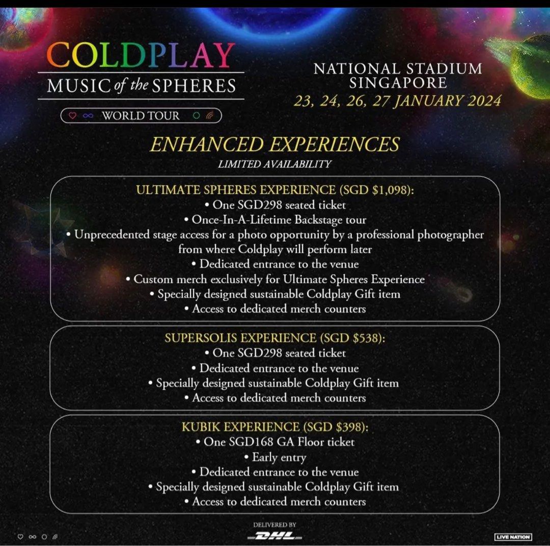 2 x Cat 3 Coldplay SG Music of the Spheres tickets on 23 Jan, Tickets ...