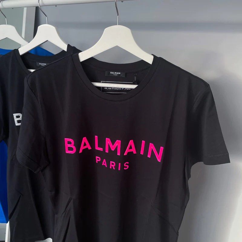Balmain Pink Logo Black Tshirt (OPEN BIDS), Luxury, Apparel on Carousell