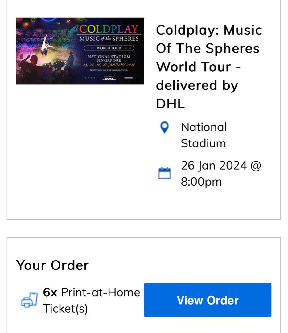 Coldplay Singapore 26th Jan Standing Pen 5x Tickets, Tickets & Vouchers ...