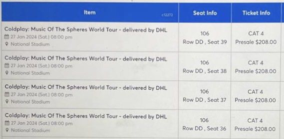 Coldplay Singapore cat 4 27th January 2024 x4, Tickets & Vouchers ...