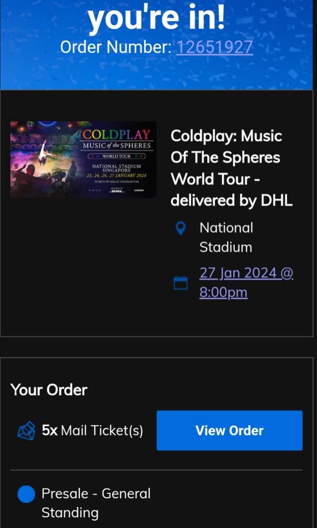 Singapore Coldplay ticket (27 Jan 2024 (Saturday)) - General stand ...