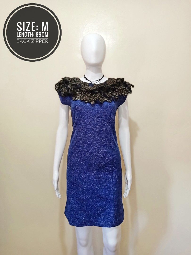 Elegant ruffles chest on sleeve fitted navy blue dress on Carousell
