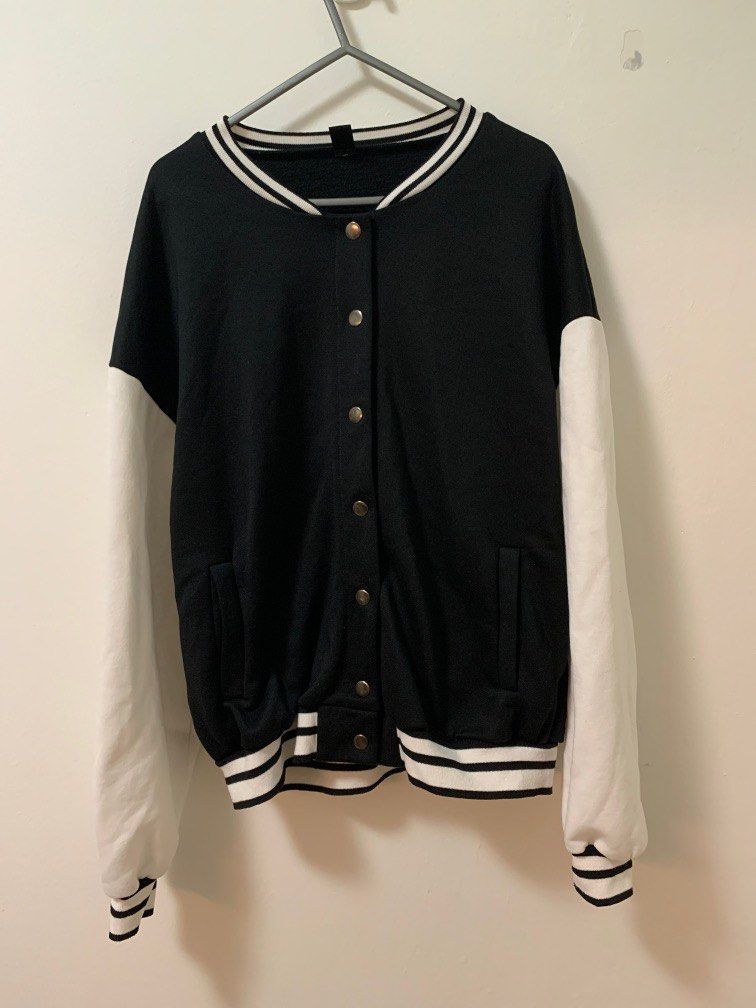 fluffy black and white varsity jacket, Women's Fashion, Coats, Jackets ...