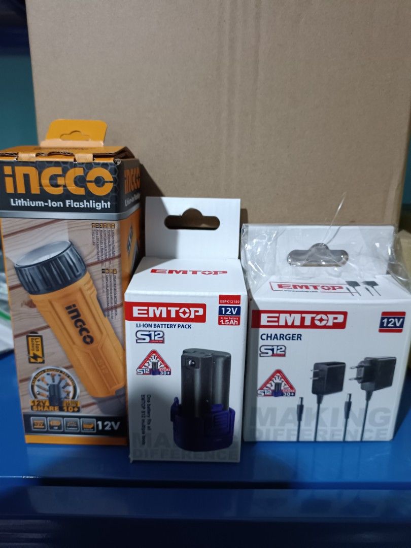 Ingco 12v torch with emtop battery and charger set, Furniture & Home ...