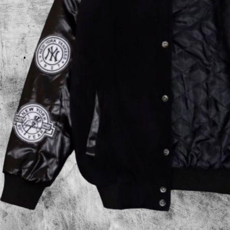 Jaket Varsity MLB New York Yankees Leather Sleeve Hitam, Fesyen Pria ...