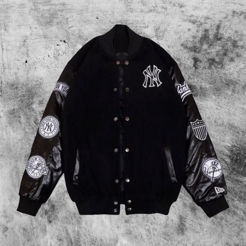 Jaket Varsity MLB New York Yankees Leather Sleeve Hitam, Fesyen Pria ...