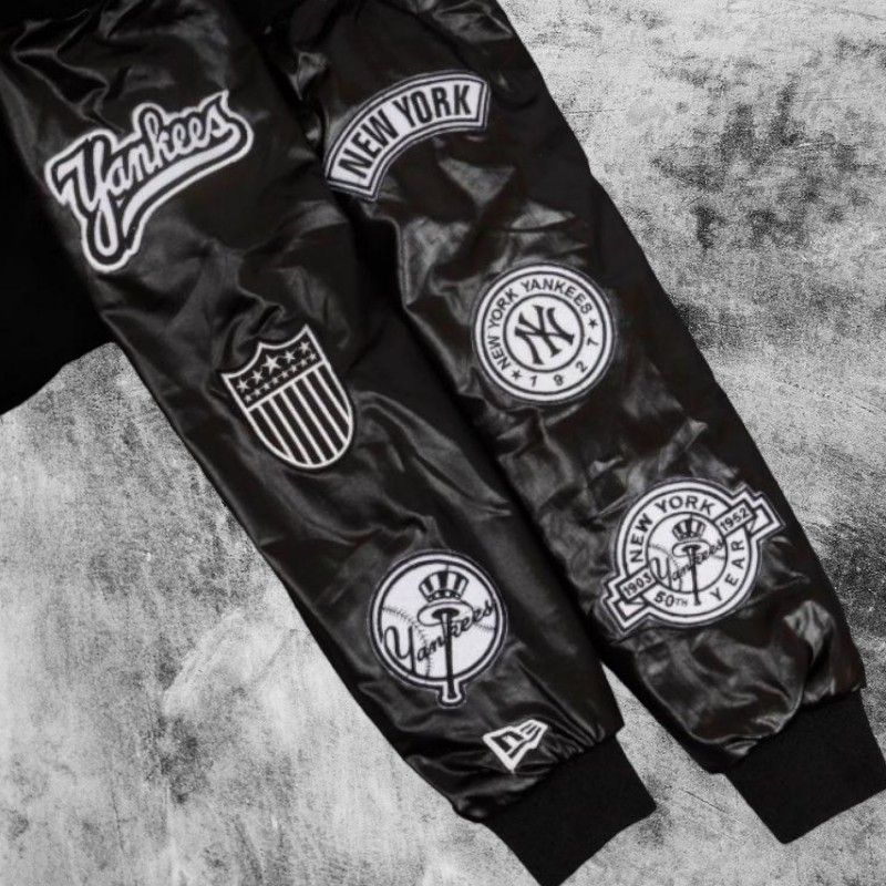 Jaket Varsity MLB New York Yankees Leather Sleeve Hitam, Fesyen Pria ...