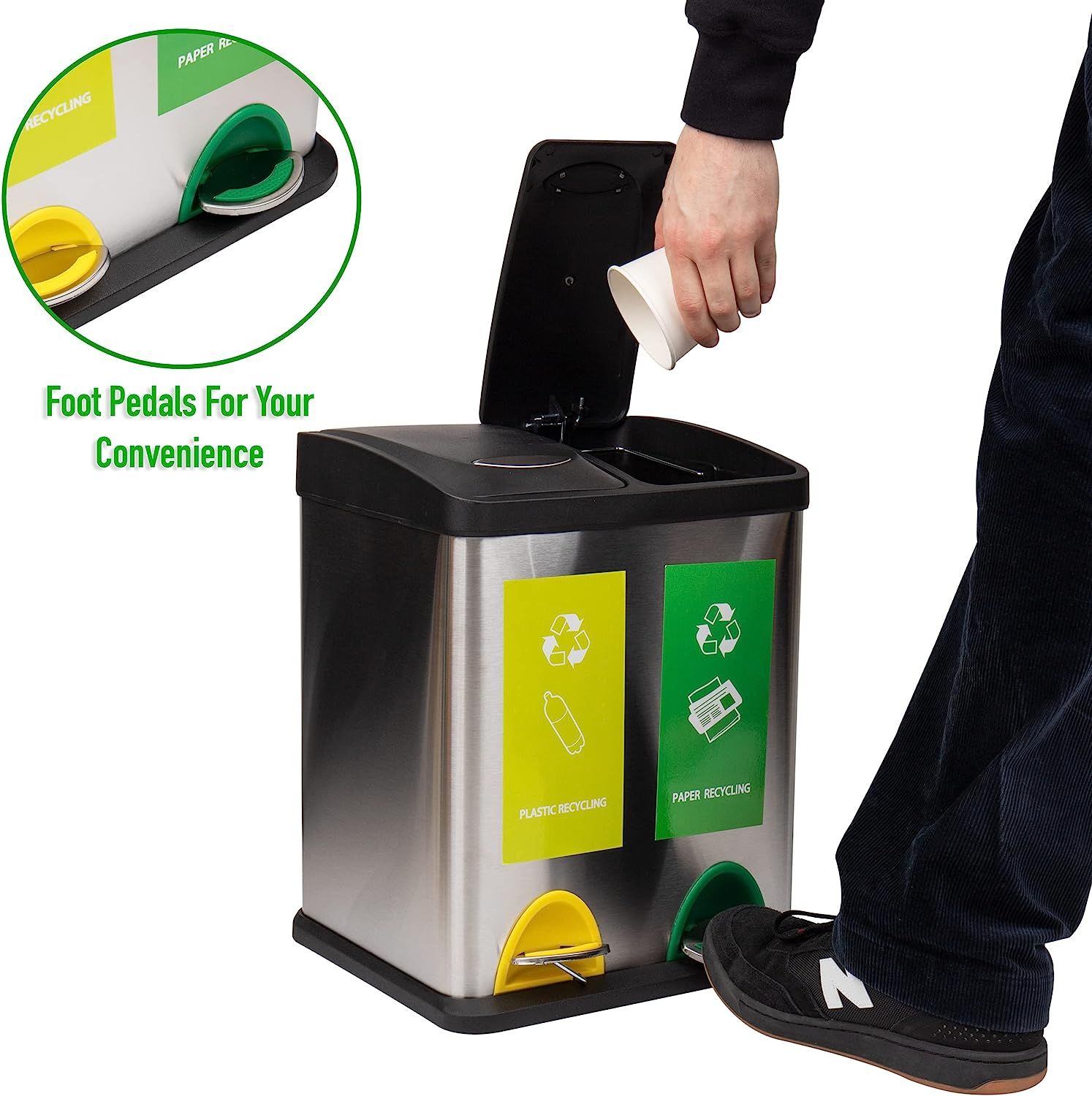 Mind Reader 2-Section Stainless Steel Recycle Bin 24 Liter/ 6.5 Gallon ...