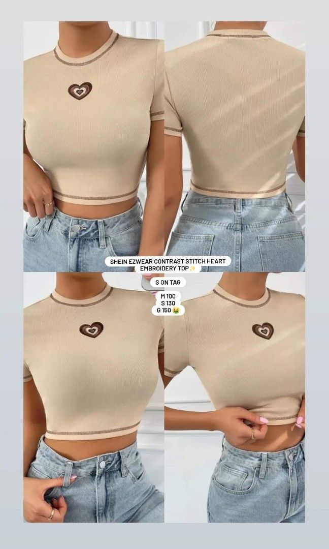 Shein Ez Wear Contrast Stitch Heart Embroidery Top Womens Fashion