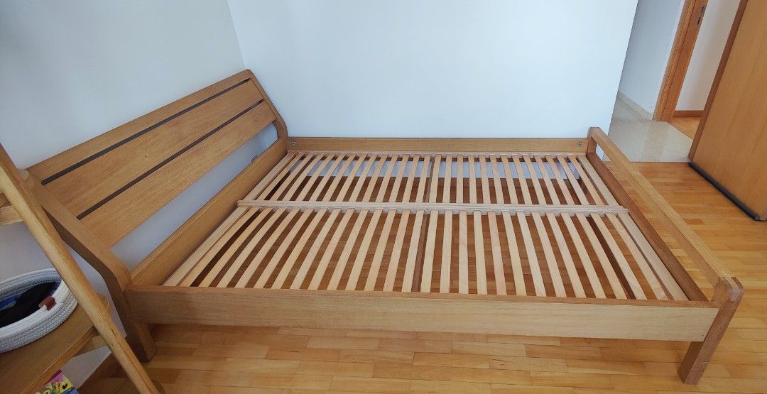 Solid wood bed frame with sprung slates (+mattress), Furniture & Home ...