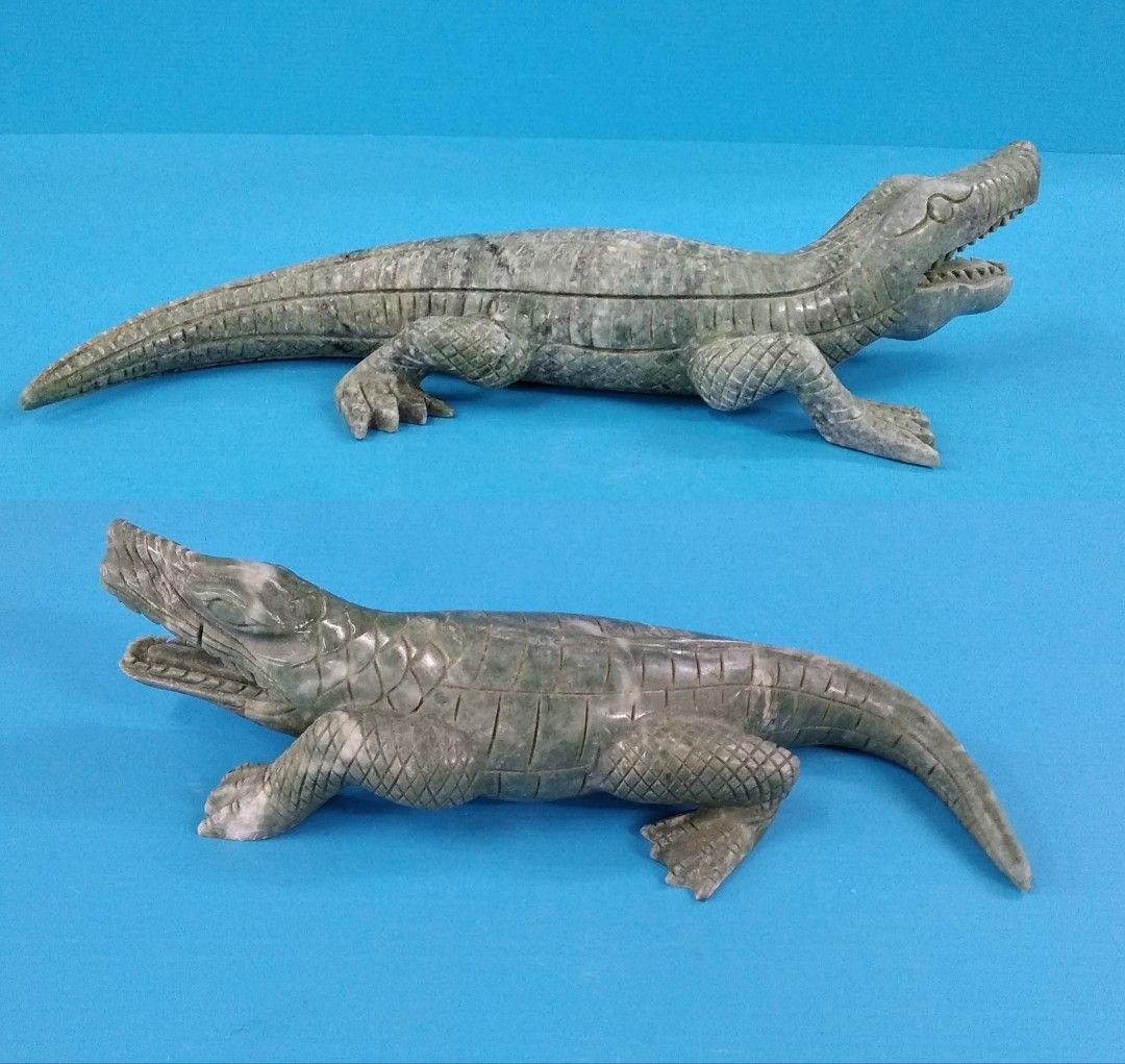 Vintage Green Jade Stone Crocodile Sculpture, Hand Carved Alligator ...