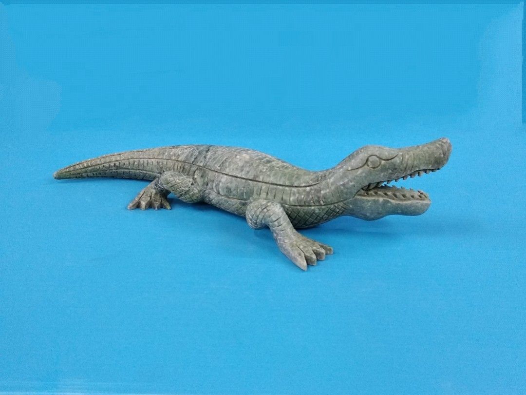 Vintage Green Jade Stone Crocodile Sculpture, Hand Carved Alligator ...