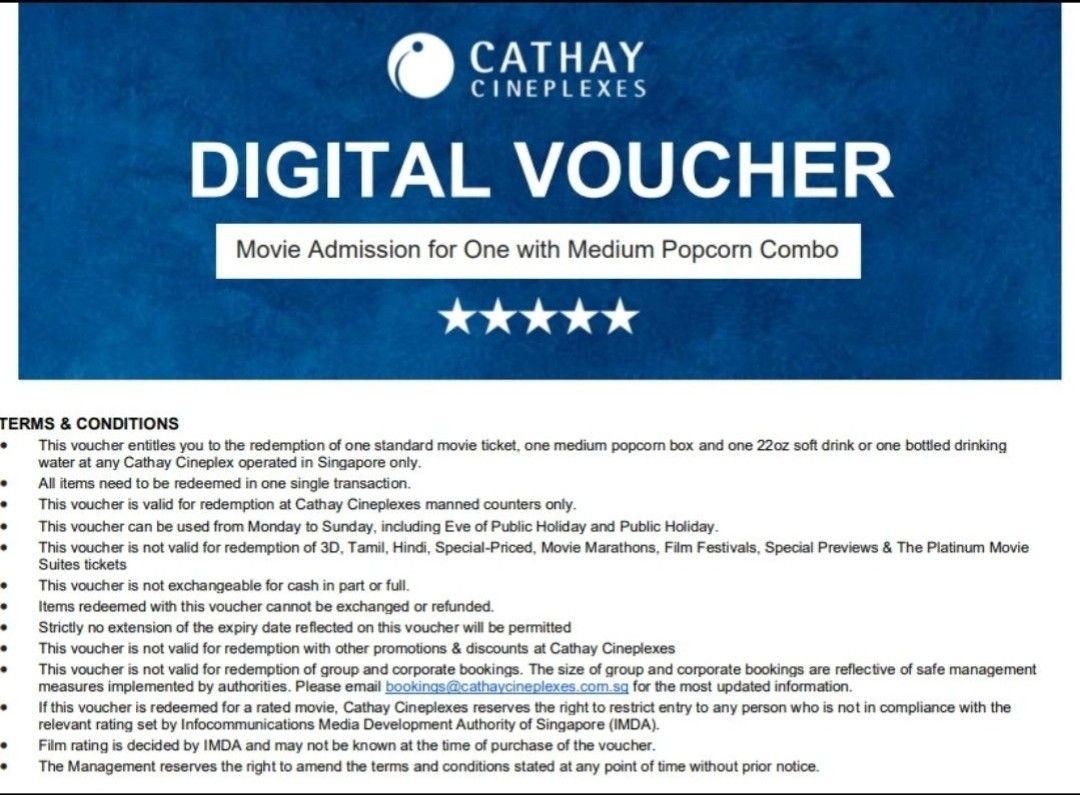 A pair of Cathay Cineplex Vouchers + 2 Medium Popcorn Combo worth S$51 ...