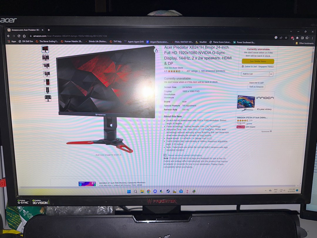 Acer Predator 24-inch Gaming Monitor G-Sync 1920x1080p XB241H 144hz ...