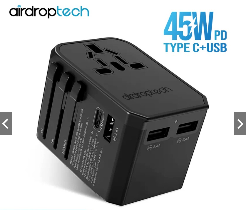 AIRDROPTECH 45W PD Type-C QC3.0 Port Universal Travel Adapter (Black ...