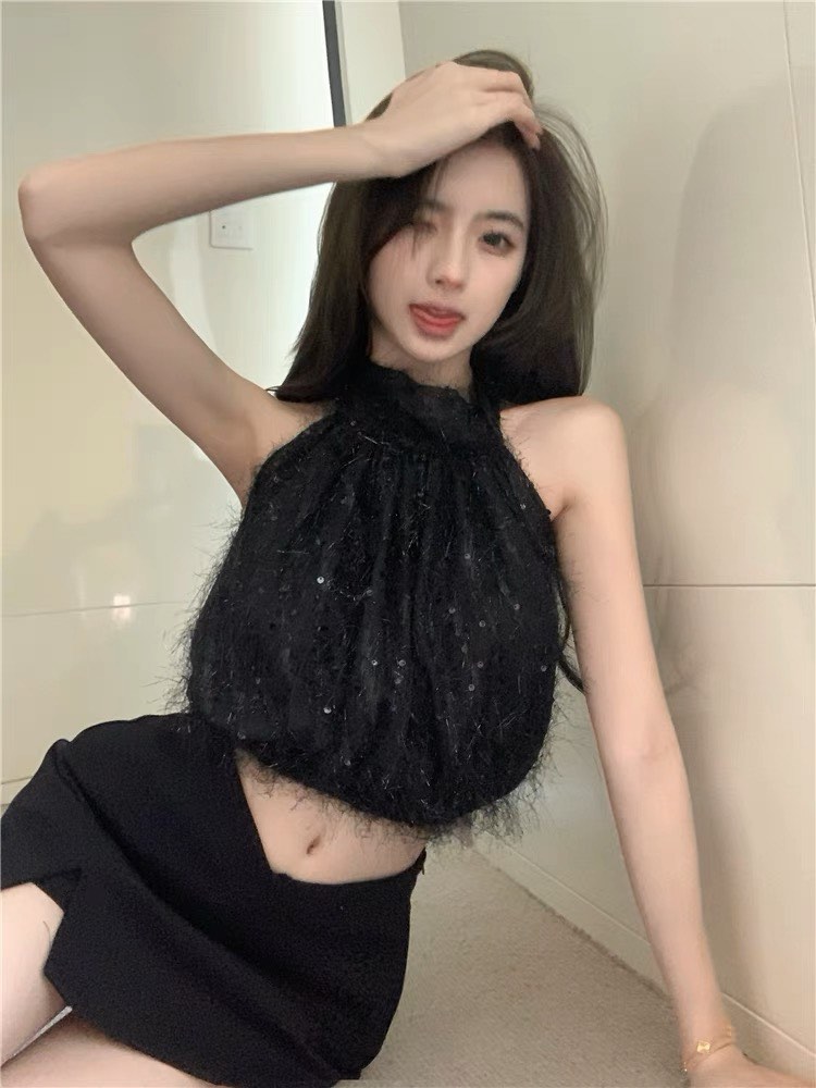 Black sequin top, Women's Fashion, Tops, Sleeveless on Carousell