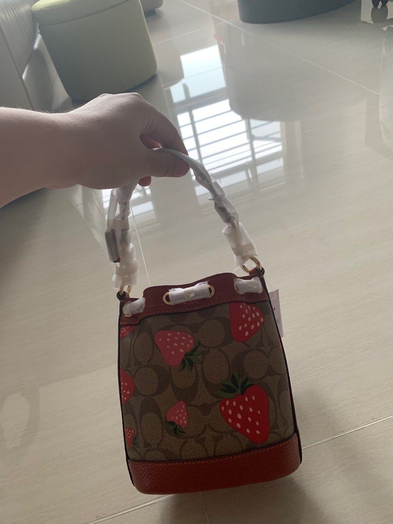 [BN] Coach Mini Dempsey Bucket Bag In Signature Canvas With Wild Strawberry Print, Women's ...
