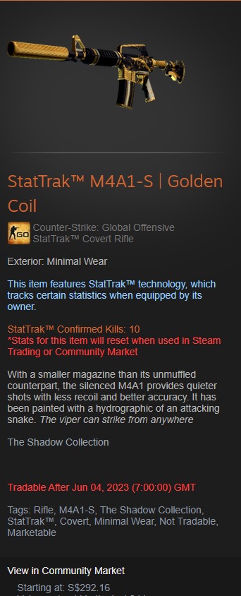 CSGO StatTrack M4a1-S Golden Coil Minimal Wear MW, Video Gaming, Gaming ...