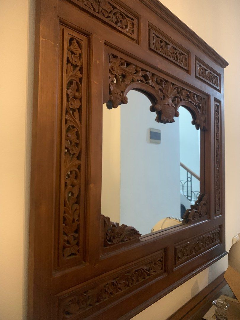 Kaca Rias Kayu Jati, Antik, Furnitur di Carousell