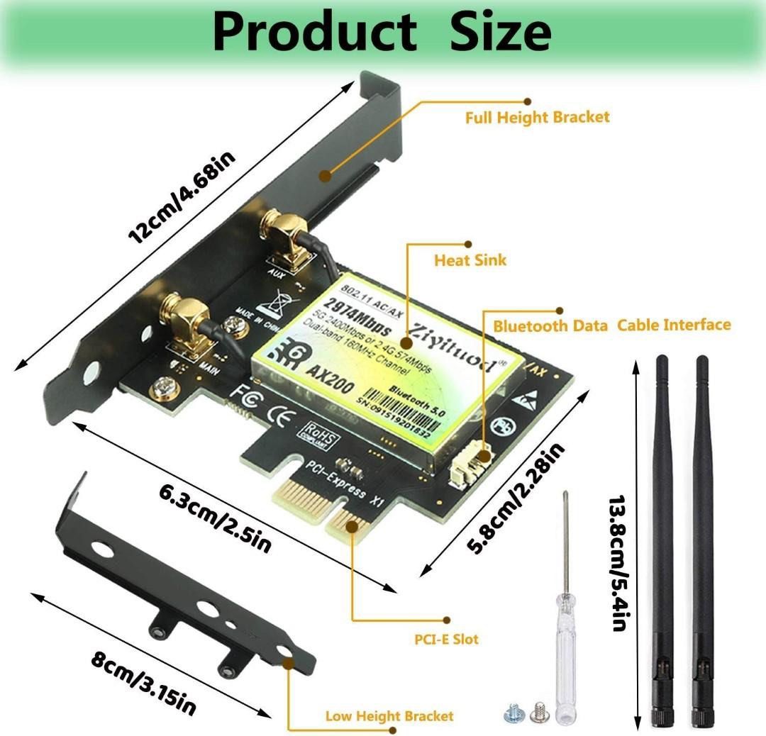 Ziyituod AX200 Wifi 6 Card, AX2974Mbps Wireless Adapter, 802.11ax PCIe ...