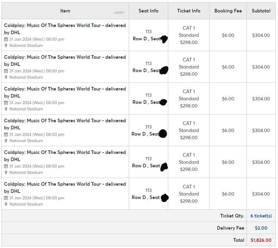 30/31 JAN COLDPLAY CAT1 SEATING ROW A/B/C/D NEAR STAGE CONCERT COLDPLAY ...