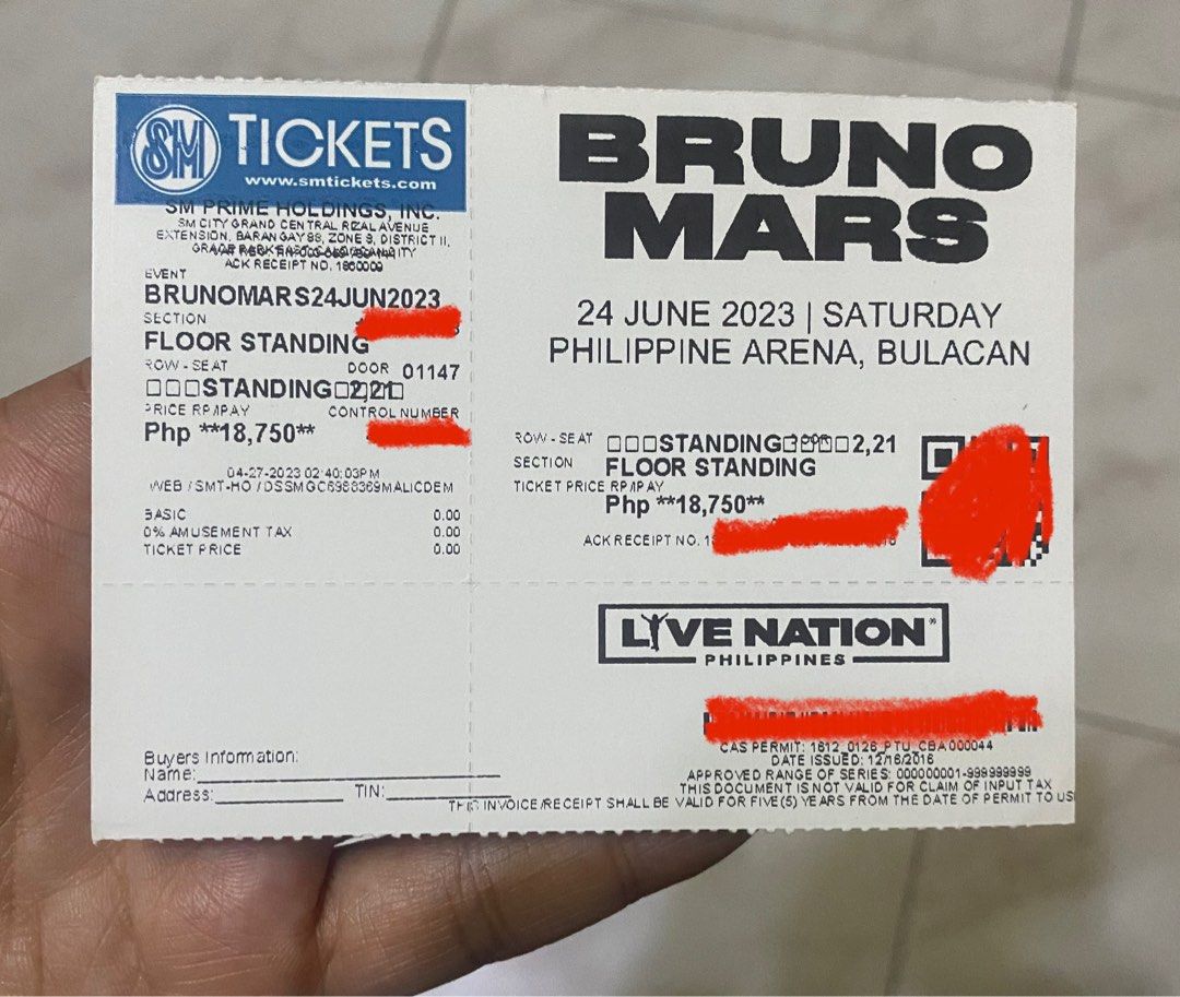 Bruno Mars Concert Ticket Floor Standing, Tickets & Vouchers, Event ...
