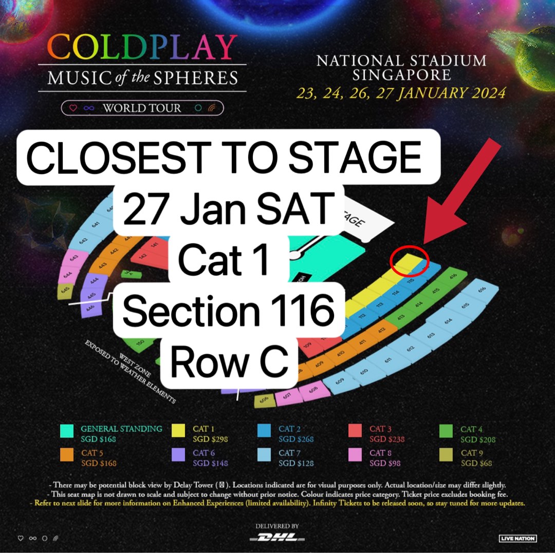 Coldplay 27 JAN SAT CAT 1 SECTION 116 ROW C Physical Ticket, Tickets ...