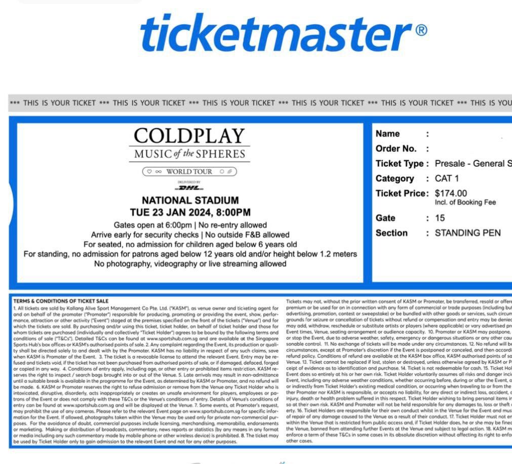 Coldplay - General Standing (23 January 2024), Tickets & Vouchers ...