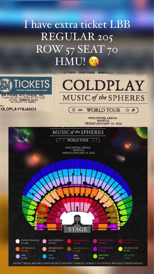 Coldplay LBB REGULAR 205 ROW 57 SEAT 70, Tickets & Vouchers, Event ...