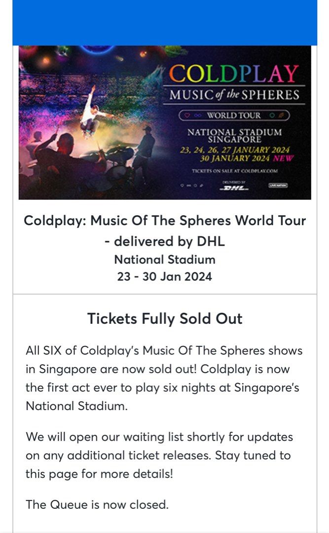 Coldplay Tickets Singapore (Cat 3 & Standing Pen), Tickets & Vouchers ...