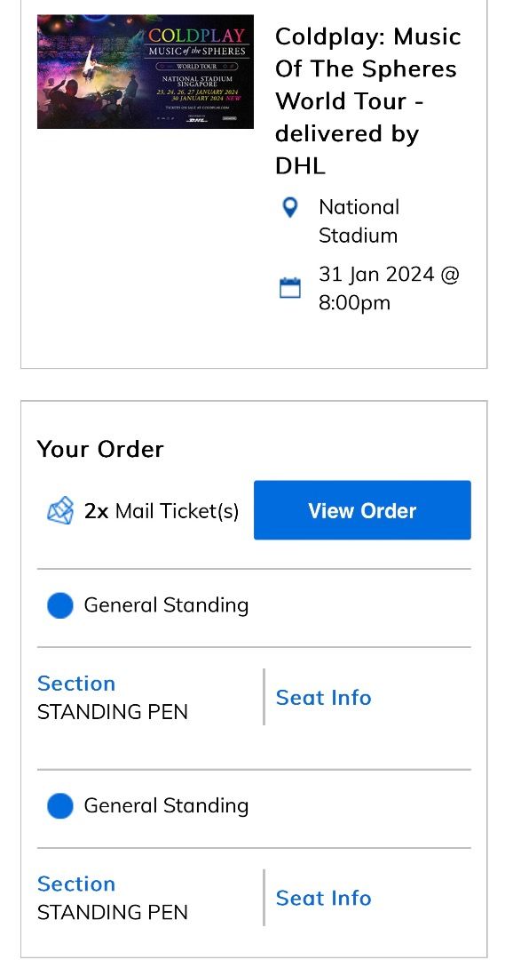 Coldplay tickets x2 Standing Pen 31st January, Tickets & Vouchers, Event Tickets on Carousell