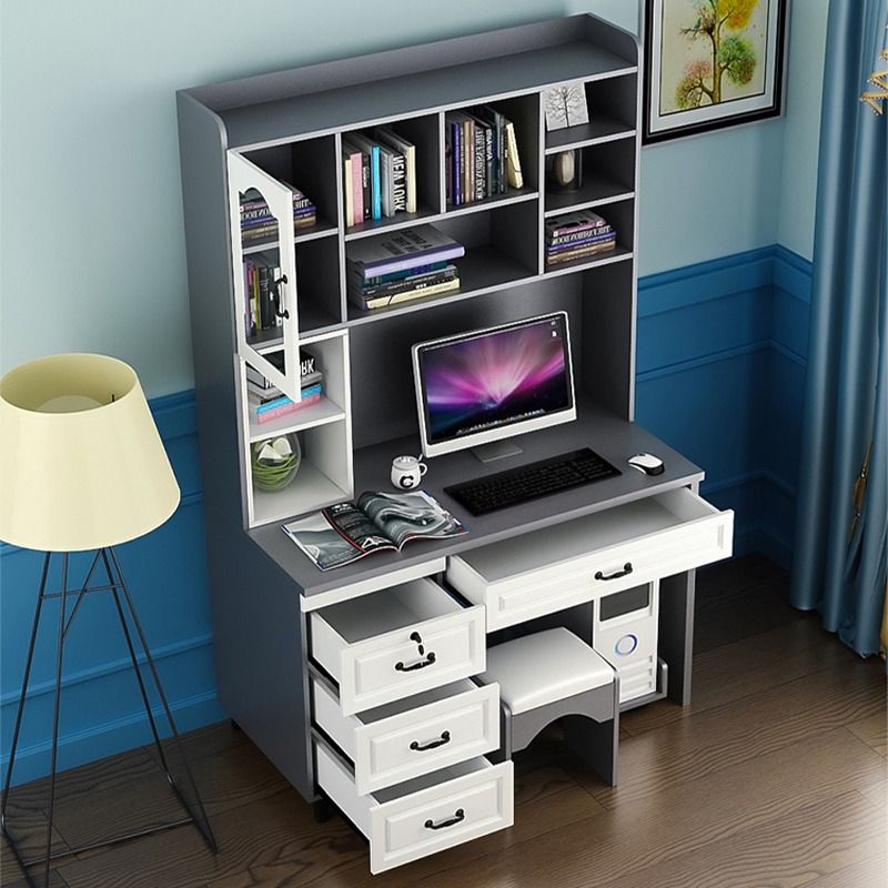 Computer desk desk bookshelf integrated table home bedroom solid wood ...
