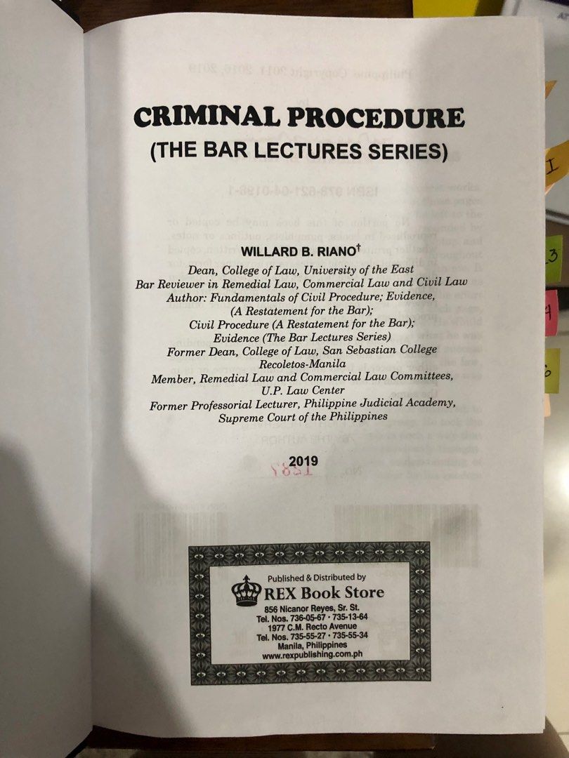 Criminal Procedure (The Bar Lecture Series) by Dean Riano (2019 Ed.) on ...