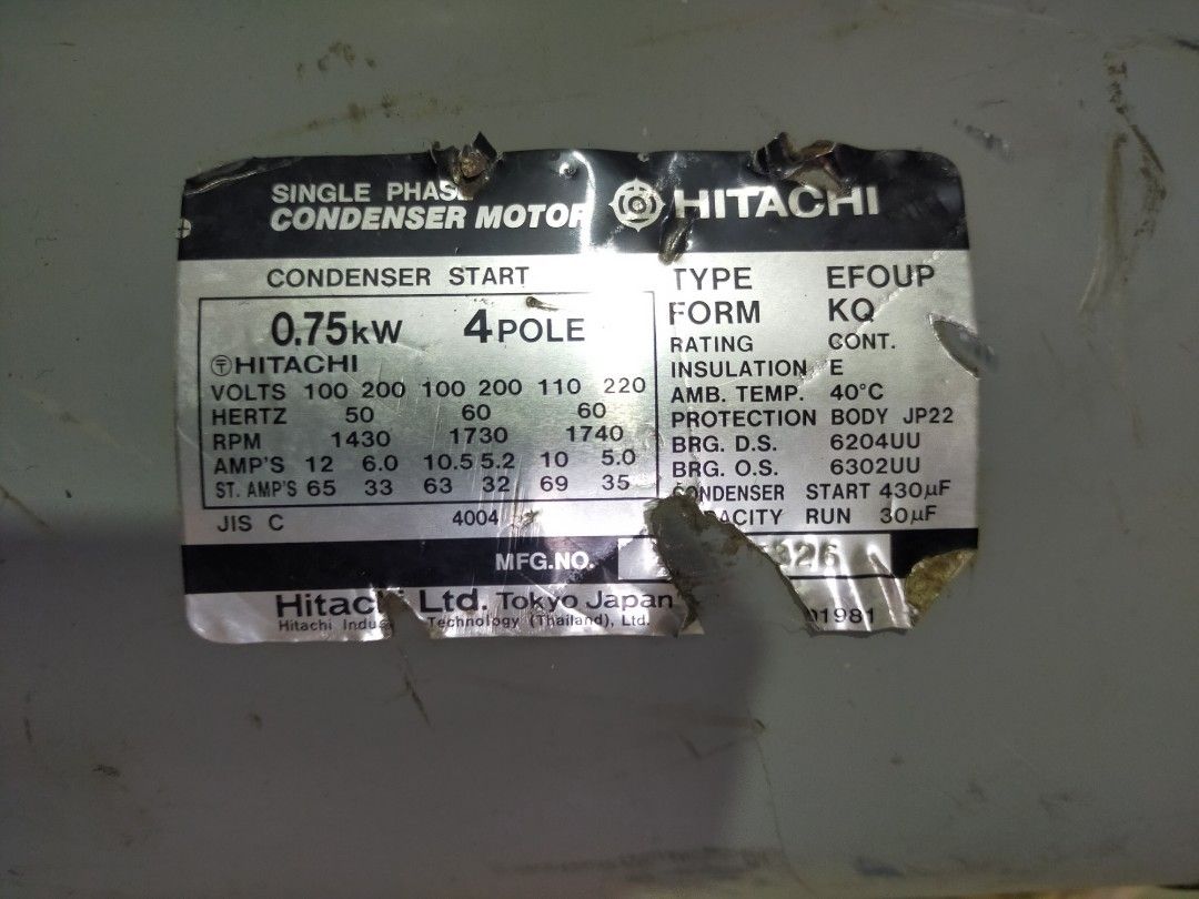 Hitachi single phase induction motor 1hp, Commercial & Industrial ...
