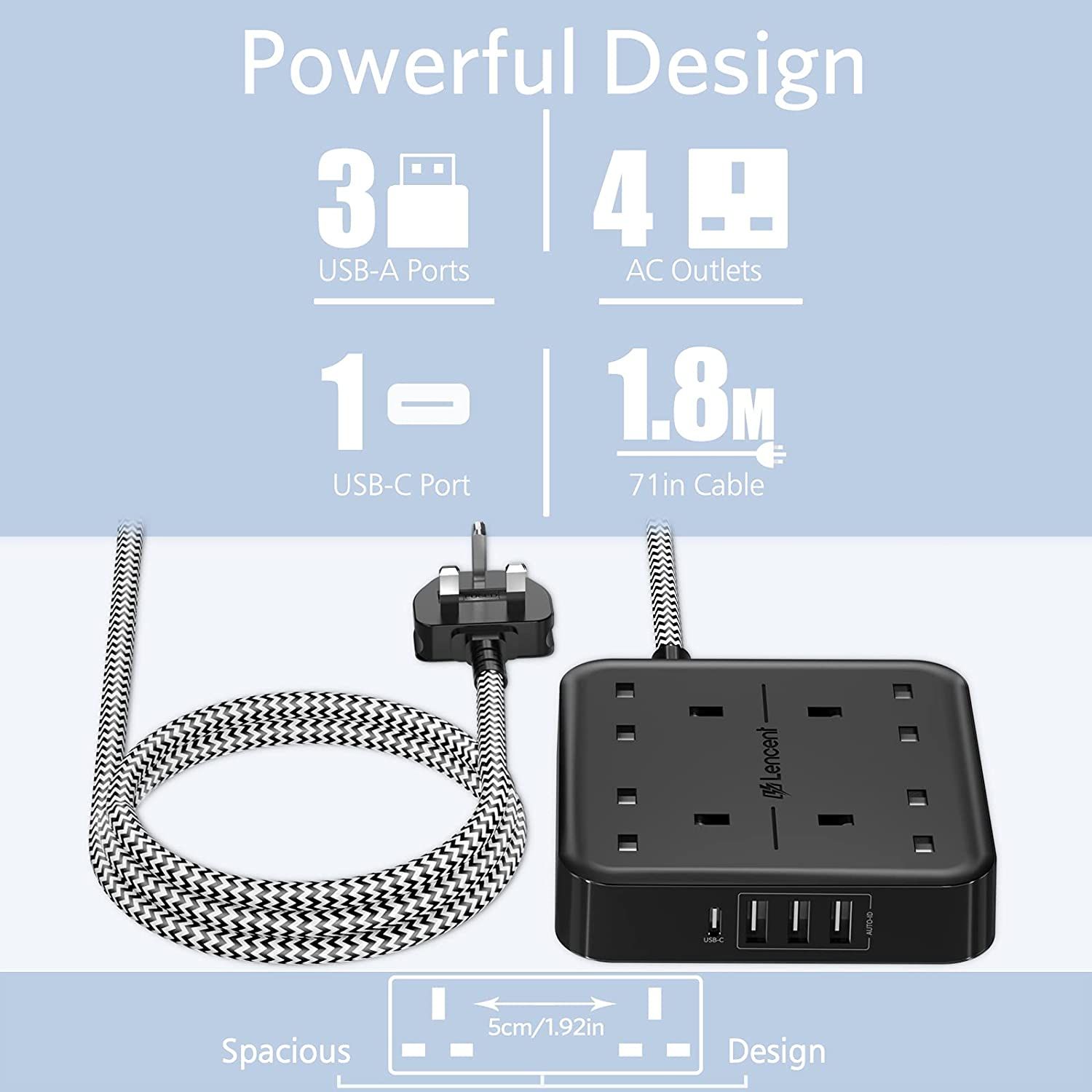 LENCENT Extension Lead with USB C Port, 4 Way Outlets Power Strip with ...