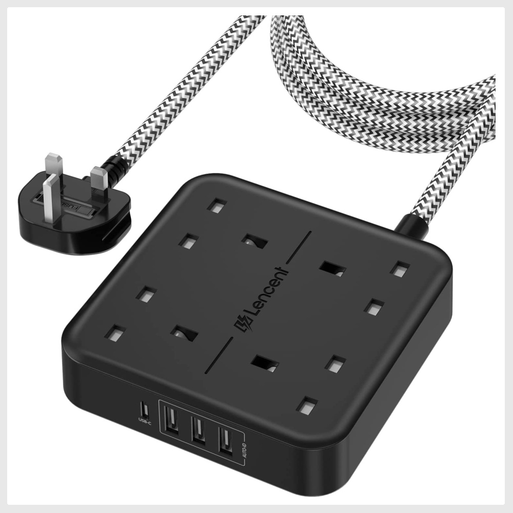 LENCENT Extension Lead with USB C Port, 4 Way Outlets Power Strip with ...