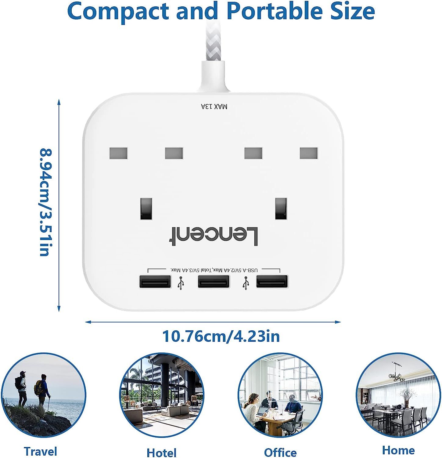 LENCENT Extension Lead with USB Ports, 2 Way Outlets Power Strip with 3 ...