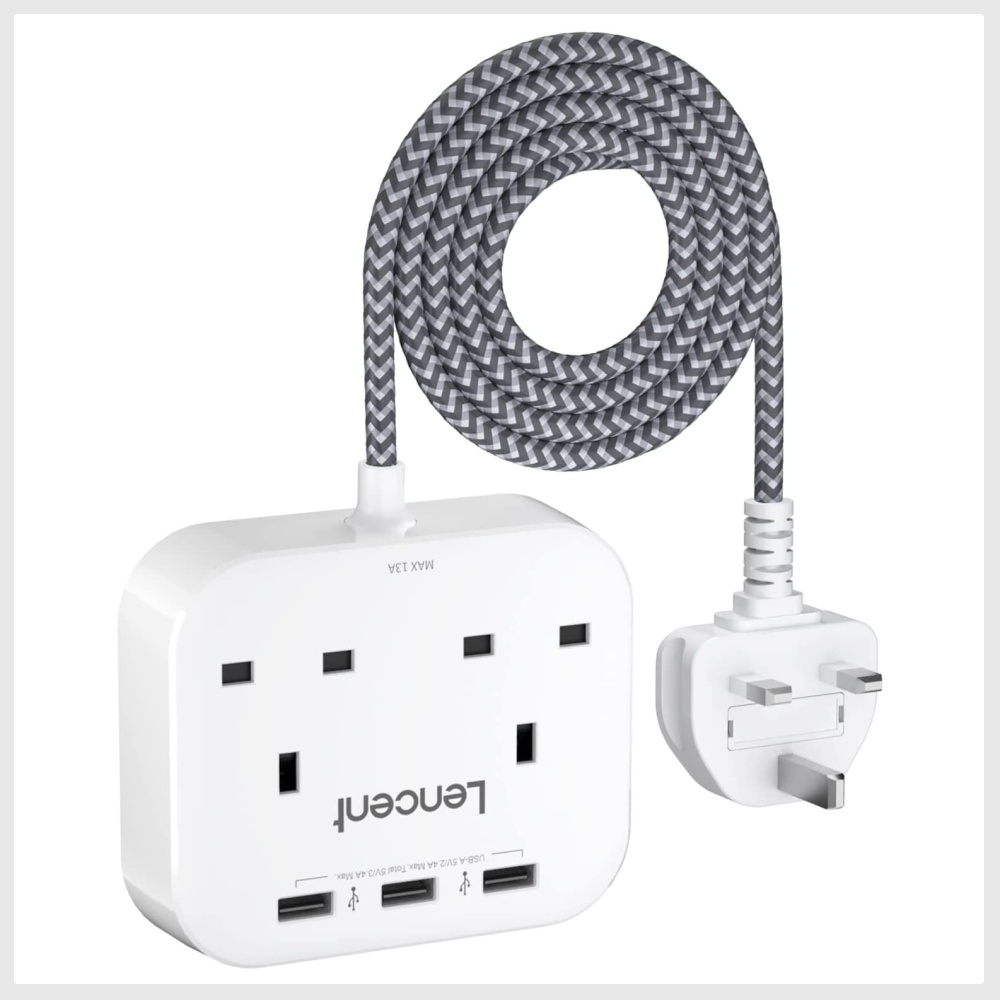 LENCENT Extension Lead with USB Ports, 2 Way Outlets Power Strip with 3 ...