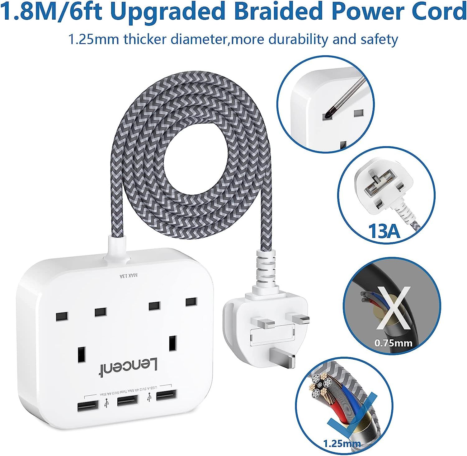 LENCENT Extension Lead with USB Ports, 2 Way Outlets Power Strip with 3 ...